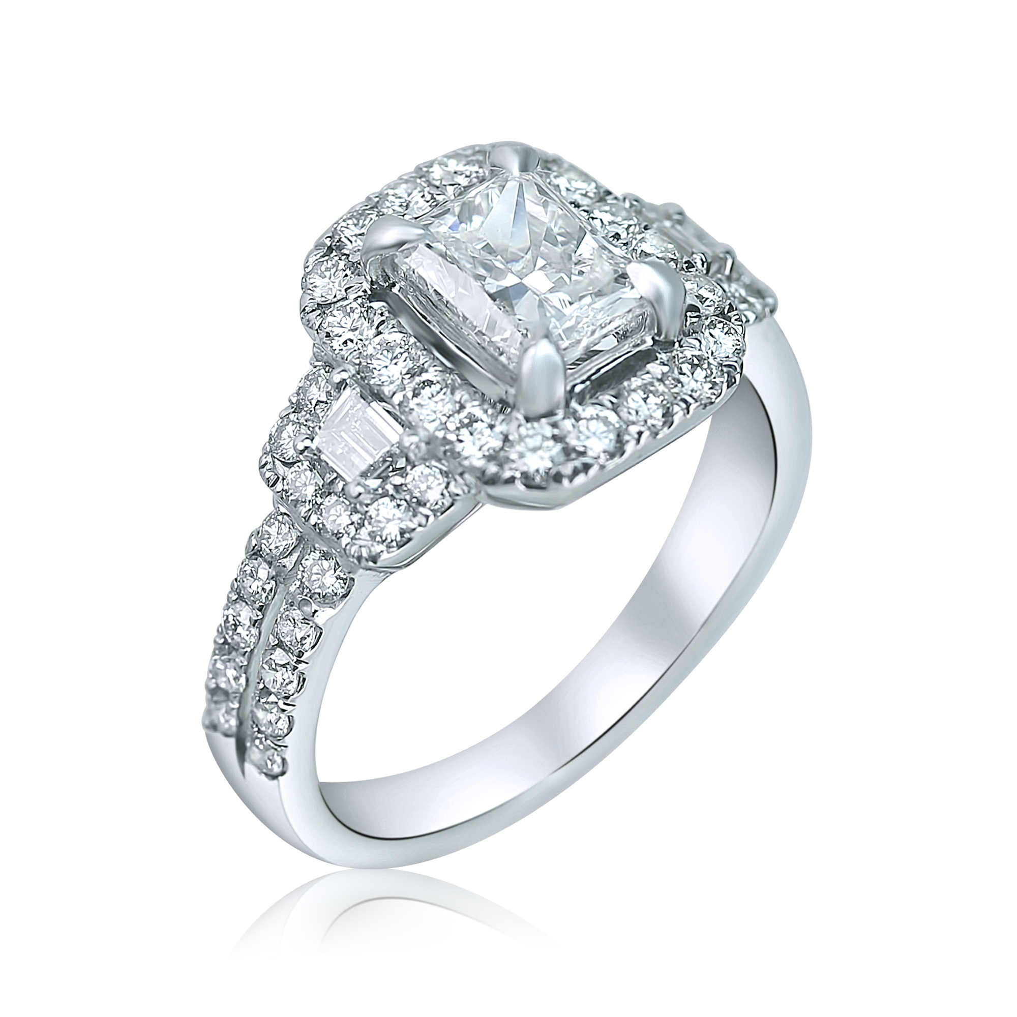 2 3/4cttw Cushion Halo with Two Trapezoids Haloed Split Shank